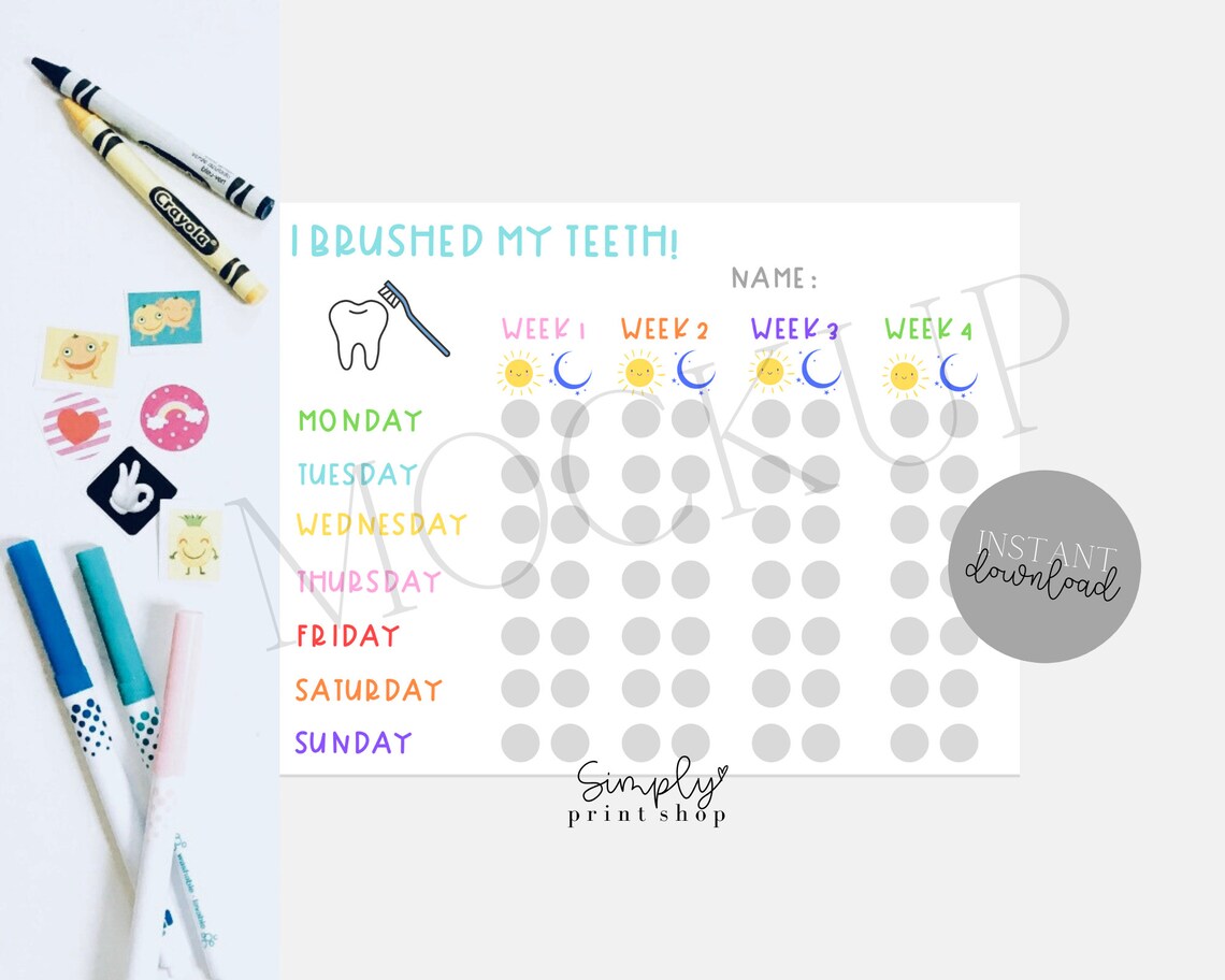 Teeth Brushing Chart, Sticker Chart, Kid's Printable Teeth Brushing ...