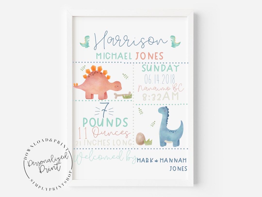 Personalized Birth Stats Print, Dinosaur Birth Stats, Baby Stat, Birth ...