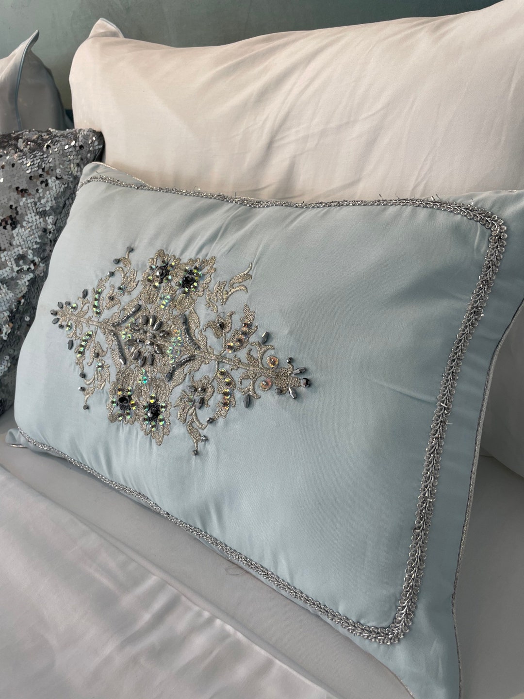 Luxury Swarovski Crystal Bedding Set of 6, Sky Blue Sequin Beaded Duvet ...