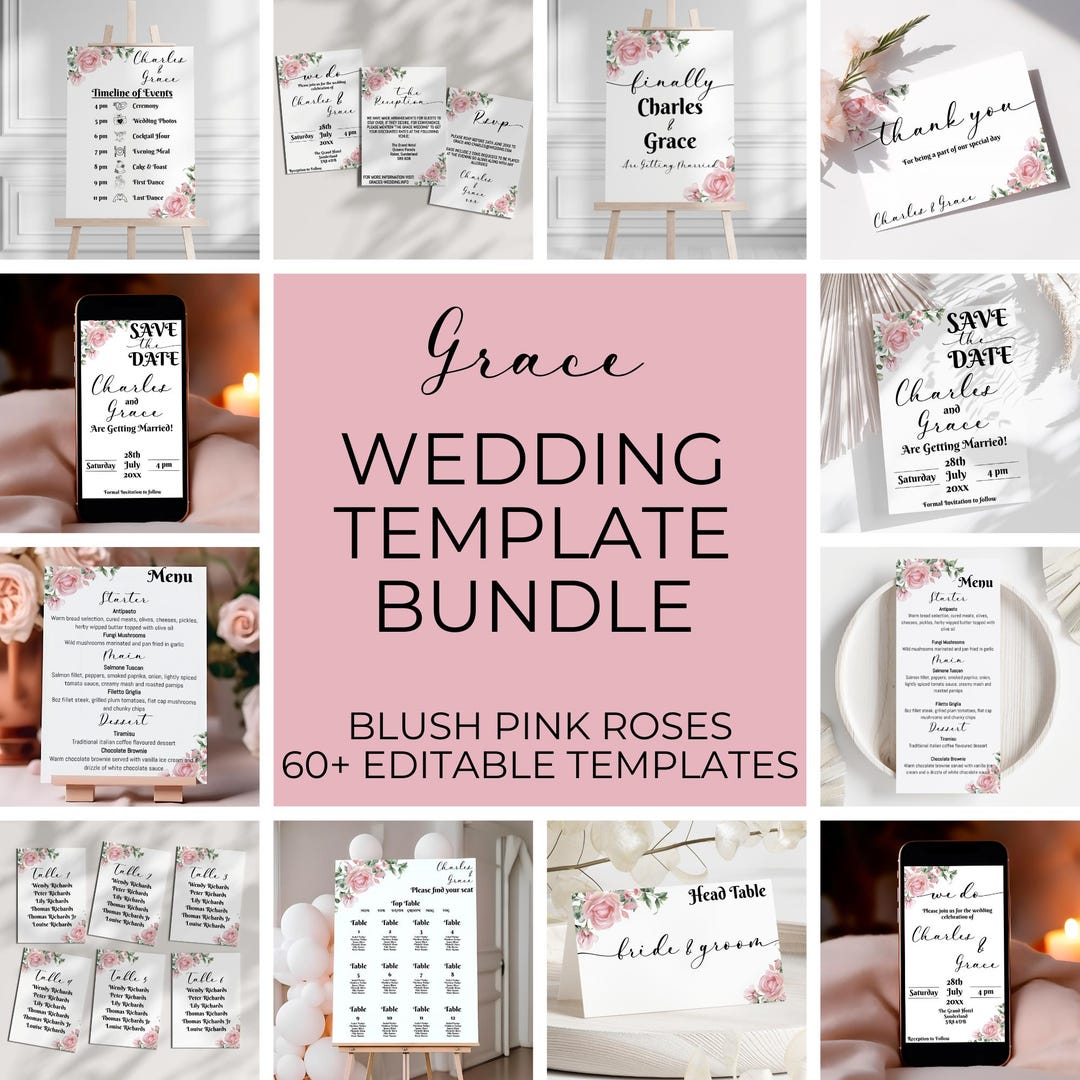 Blush Pink Rose Flower Themed Wedding Stationery Mega Bundle Template ...
