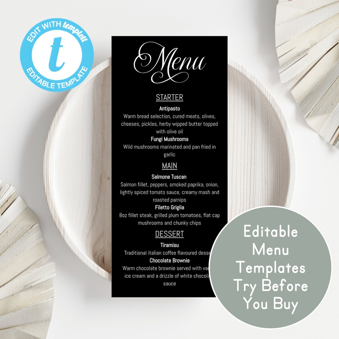 Elegant Black and White Inverted Wedding Food Menu, Edit Online ...