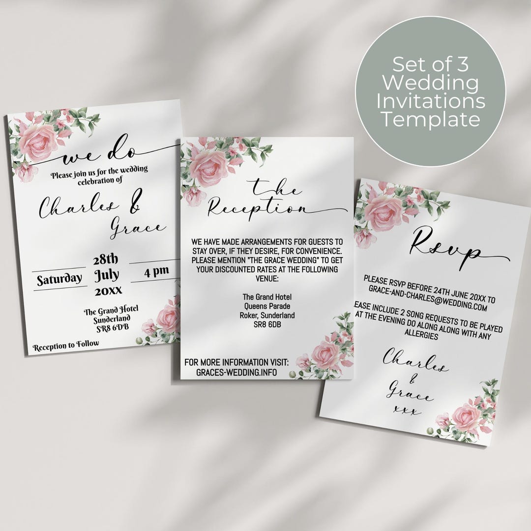 Light Pink Rose Themed Simple Wedding Invitation Template, Editable ...