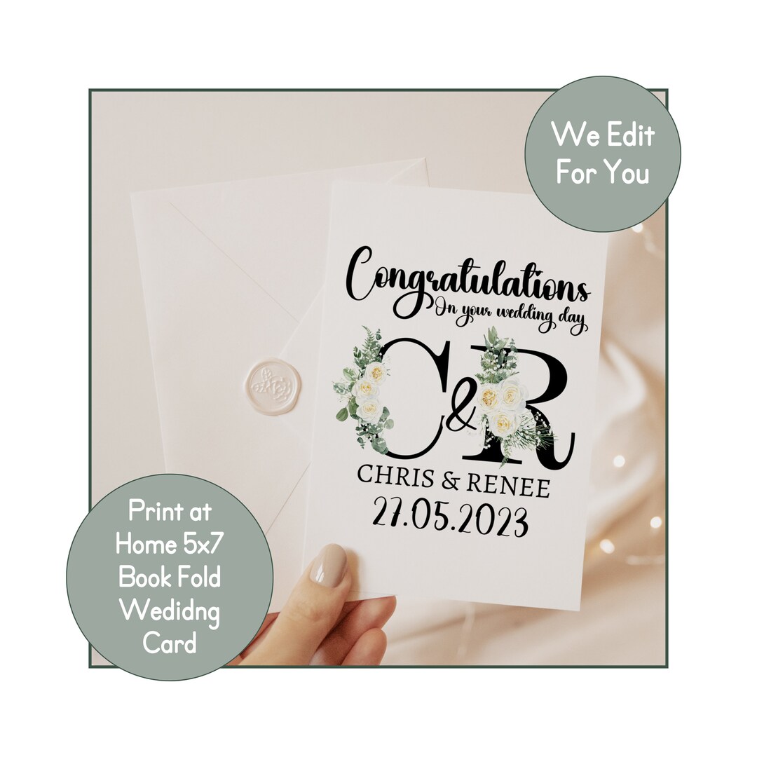 Printable White Floral Monogram Initial Wedding Card, Elegant ...