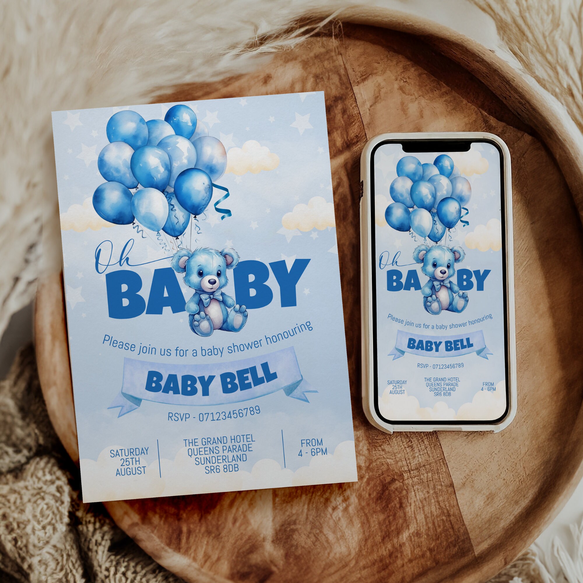 Editable Blue Bear Baby Shower Invitation, Blue Oh Baby Bear and ...