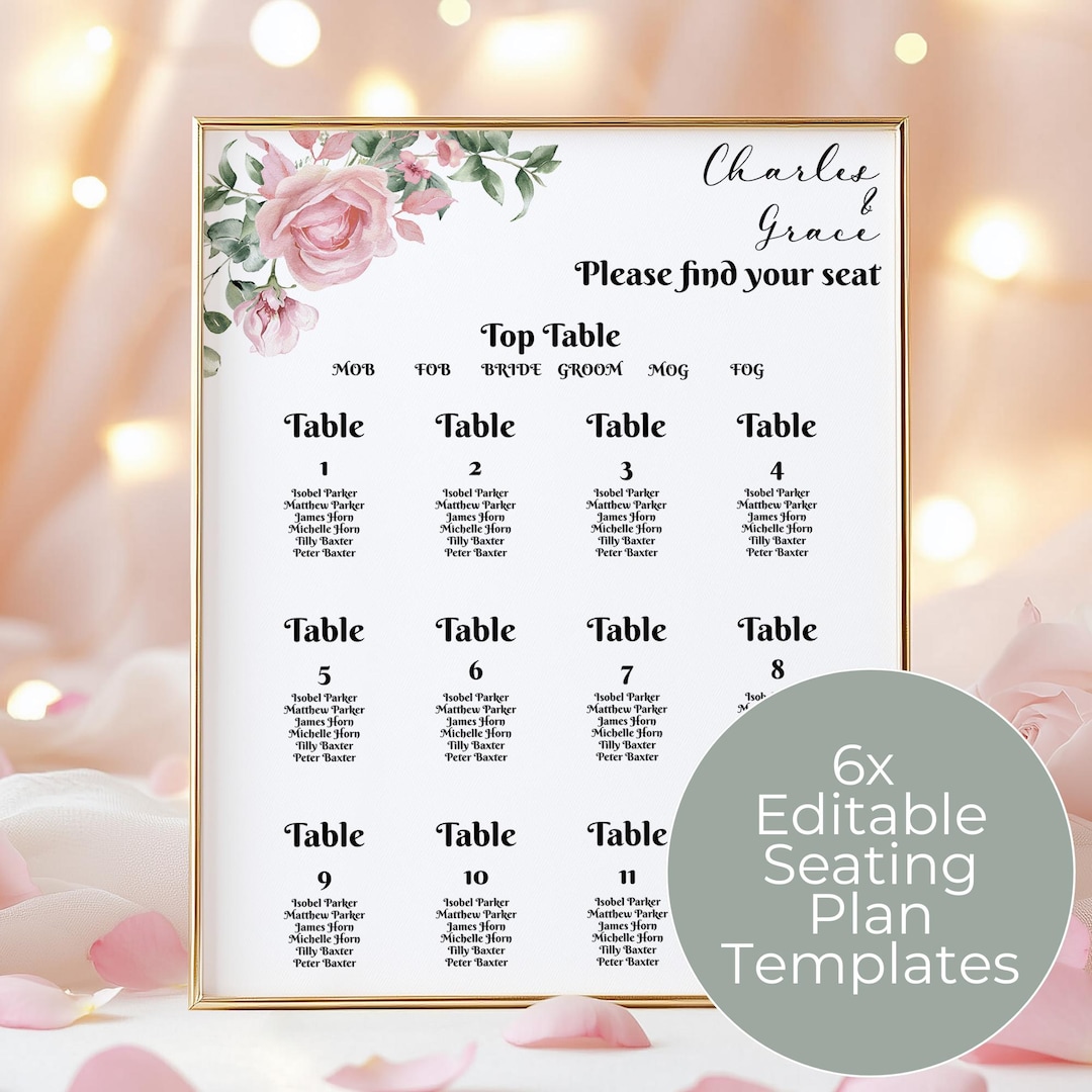 Light Pink Rose Themed Seating Plan Chart, Editable Digital Seating ...