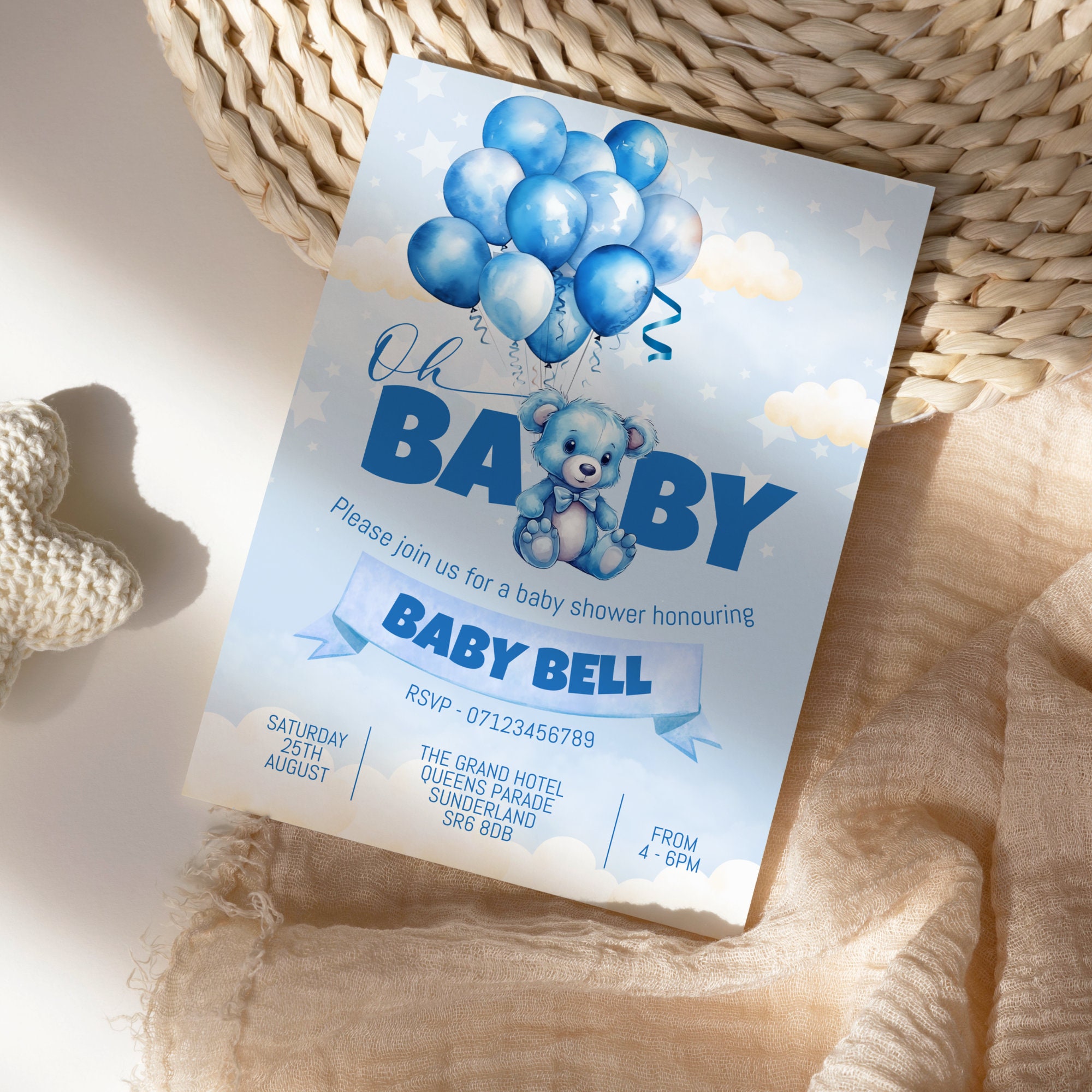Editable Blue Bear Baby Shower Invitation, Blue Oh Baby Bear and ...