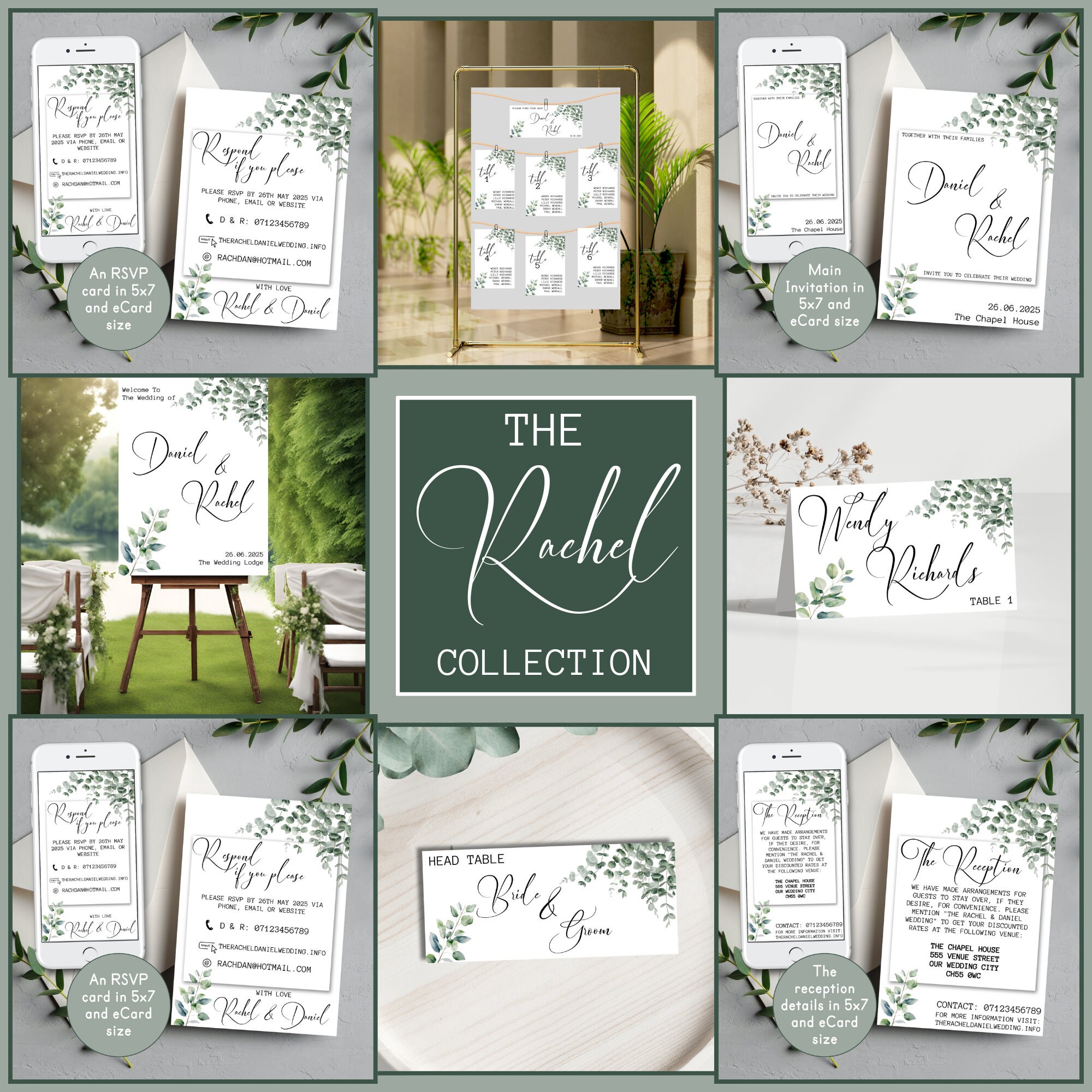 Simple Elegant Eucalyptus Themed Wedding Table Numbers and Place ...