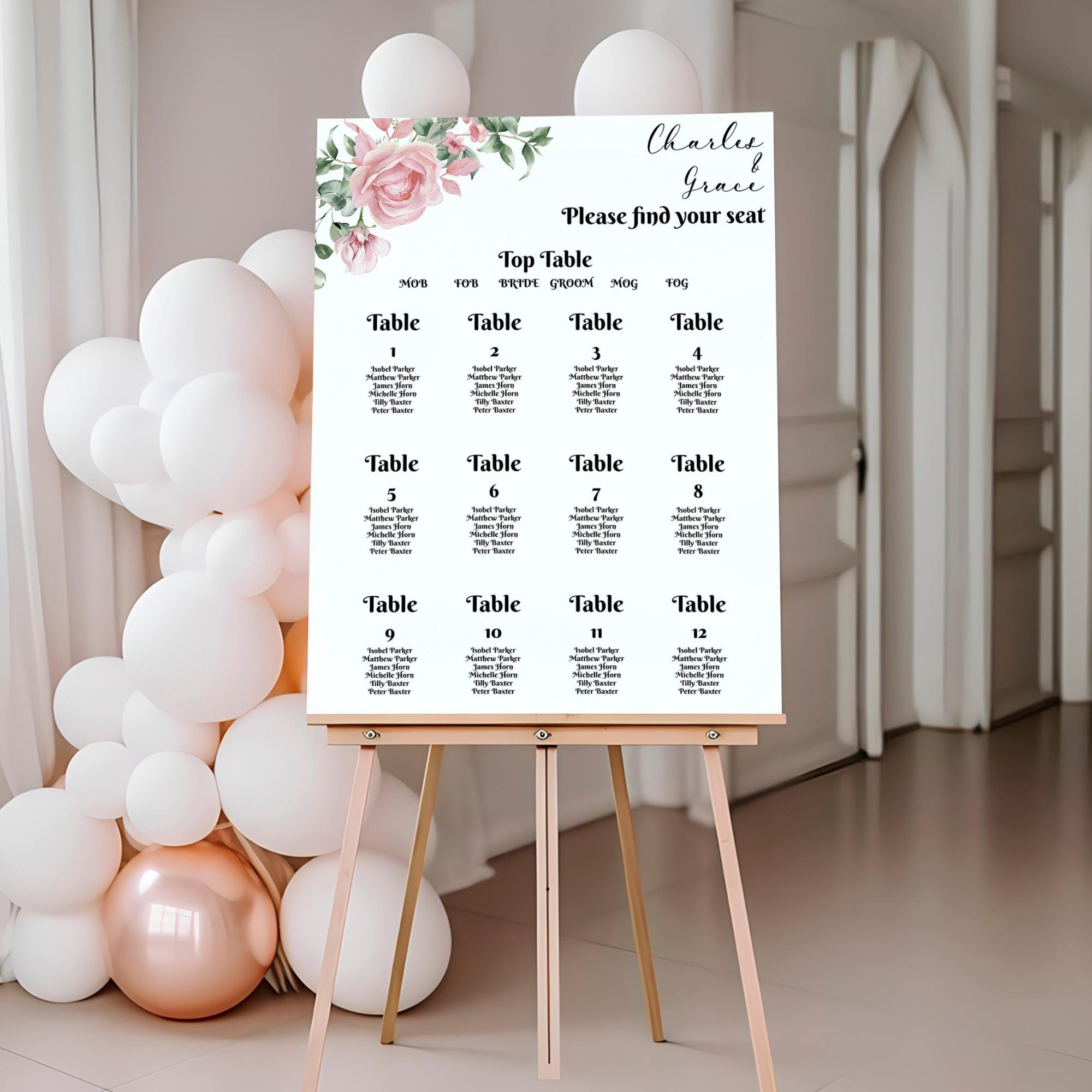 Light Pink Rose Themed Seating Plan Chart, Editable Digital Seating ...