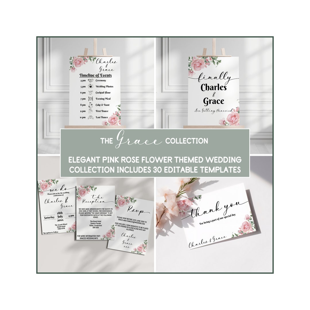 Blush Pink Rose Flower Themed Wedding Stationery Mega Bundle Template ...