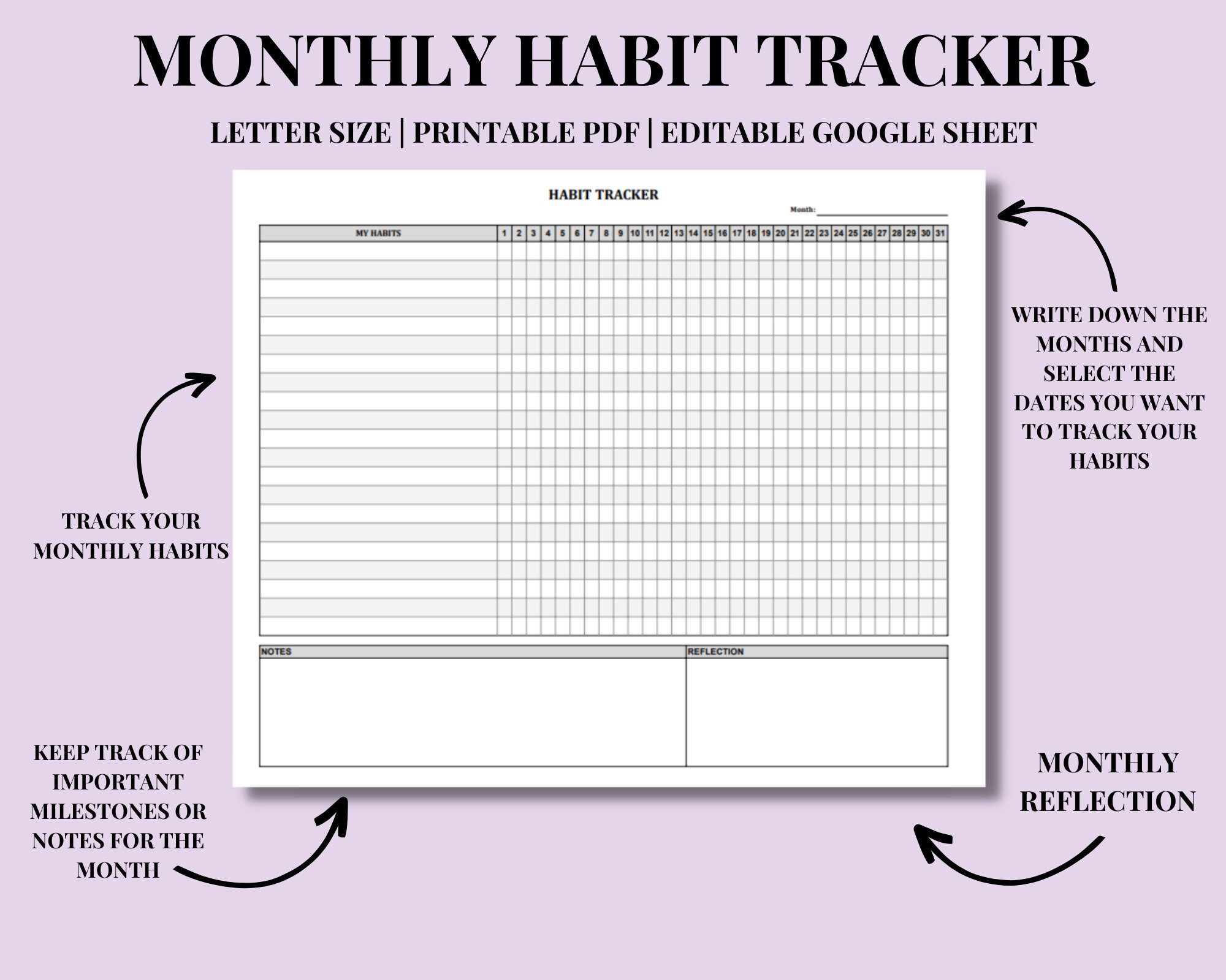 Monthly Habit Tracker | Black & Gray Printable PDF | Google Sheet Habit ...