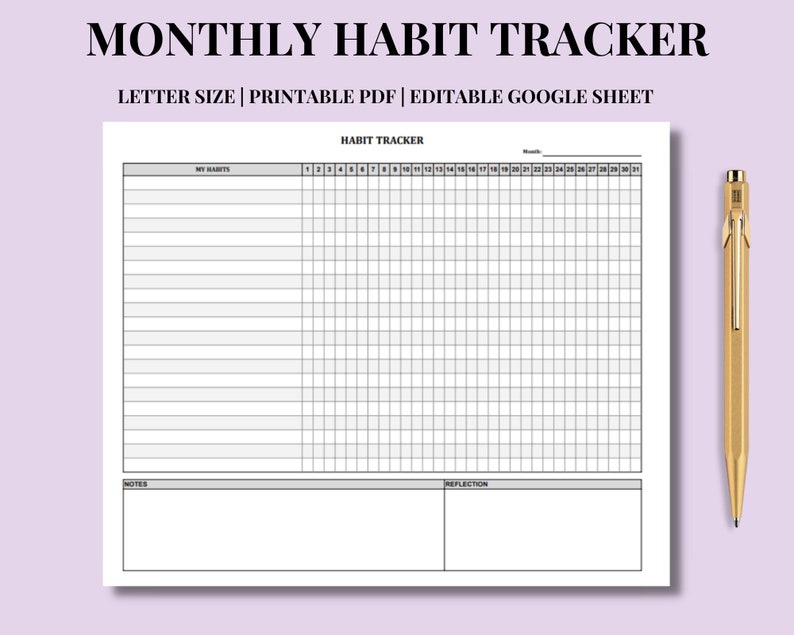 Monthly Habit Tracker | Black & Gray Printable PDF | Google Sheet Habit ...