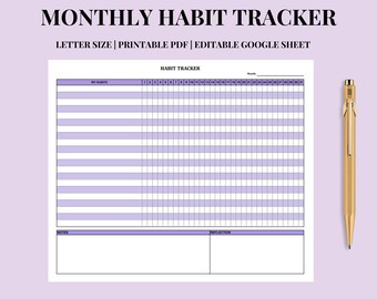 Monthly Habit Tracker | Black & Gray Printable PDF | Google Sheet Habit ...