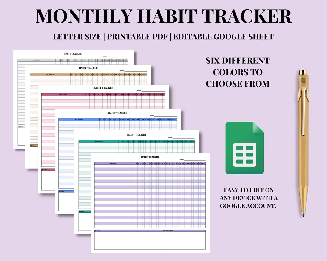 Monthly Habit Tracker Multicolor Printable PDF Google Sheet Habit ...