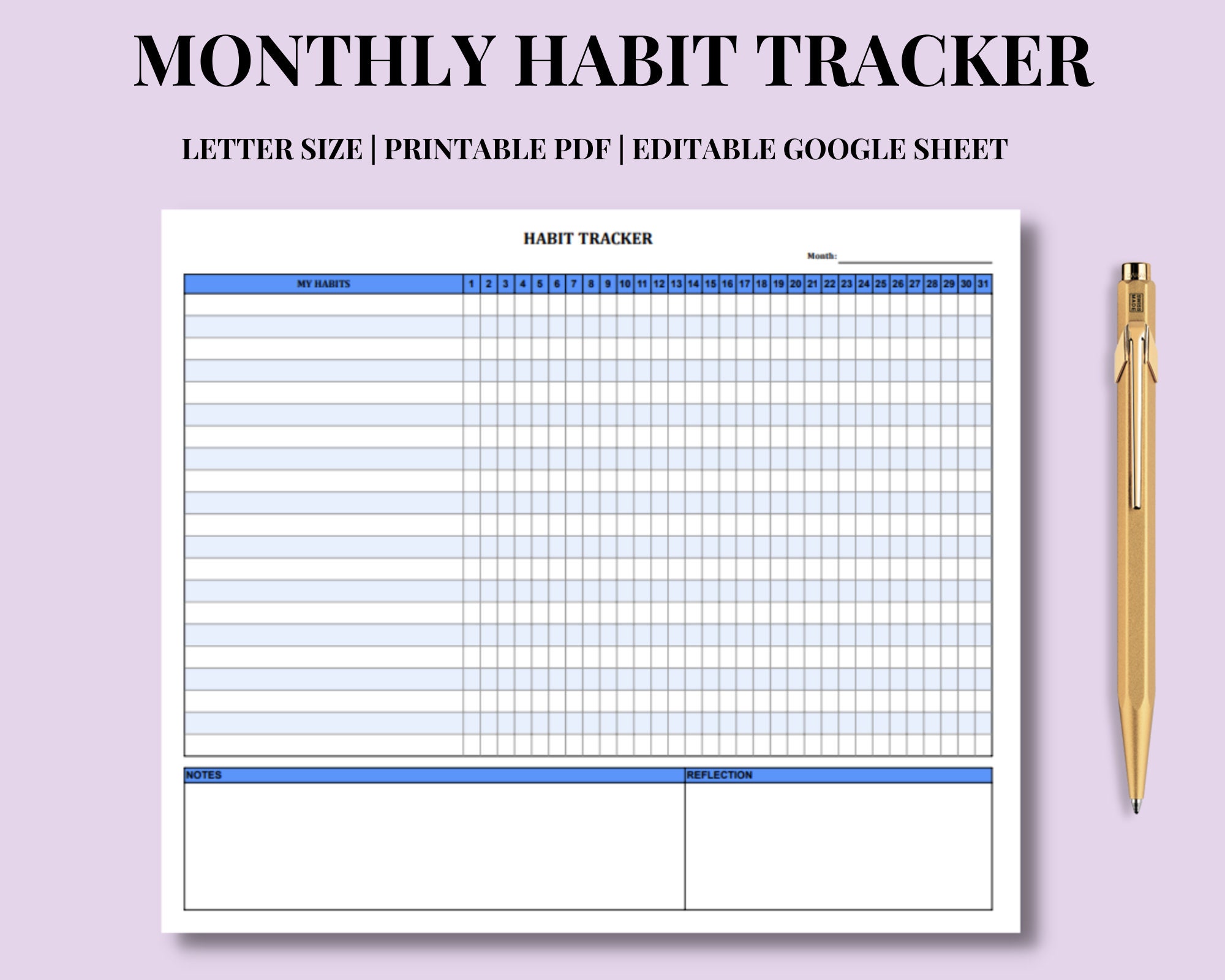 Monthly Habit Tracker | Blue Printable PDF | Google Sheet Habit Tracker ...