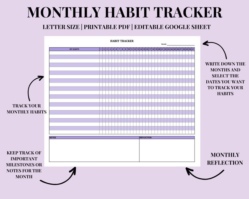 Monthly Habit Tracker | Purple Printable PDF | Google Sheet Habit ...