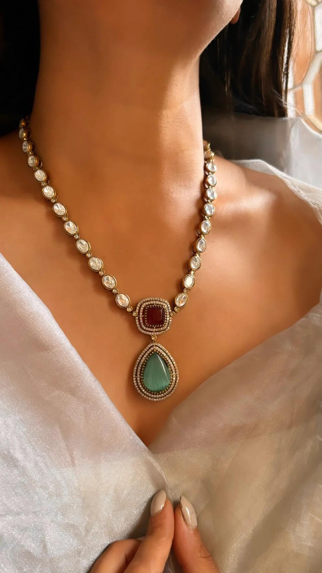 Simple Green Ruby Uncut Diamond Kundan Necklace Set/sabyasachi Inspired ...