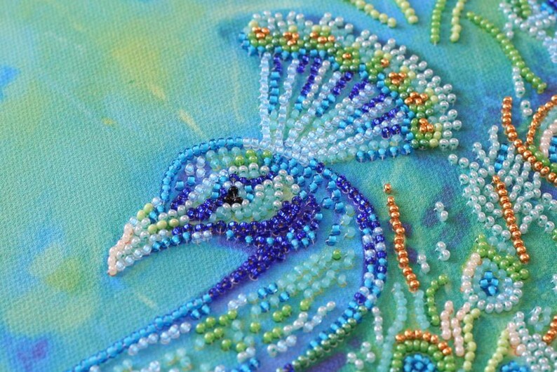 Bead Embroidery Kit on Art Canvas – Royal Peacock Bird DIY Beaded Wall ...