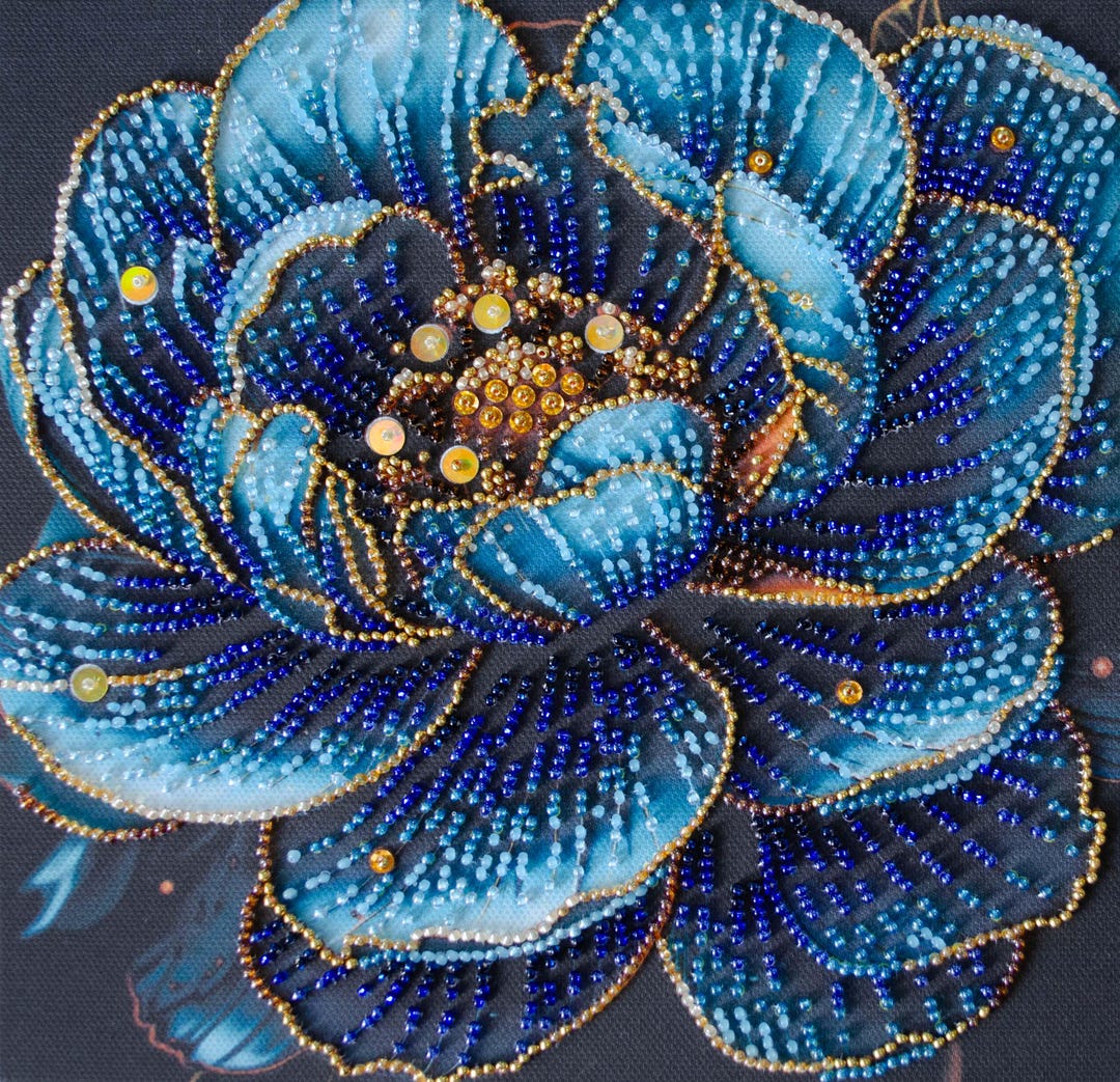 Bead Embroidery Kit on Art Canvas – Royal Bloom Blue Gold Flower DIY ...