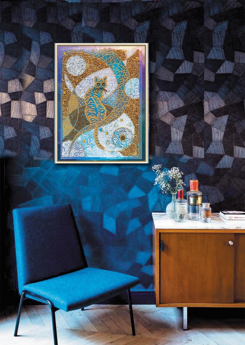 Bead Embroidery Kit on Art Canvas – Moon Walk Cat DIY Beaded Wall Art ...