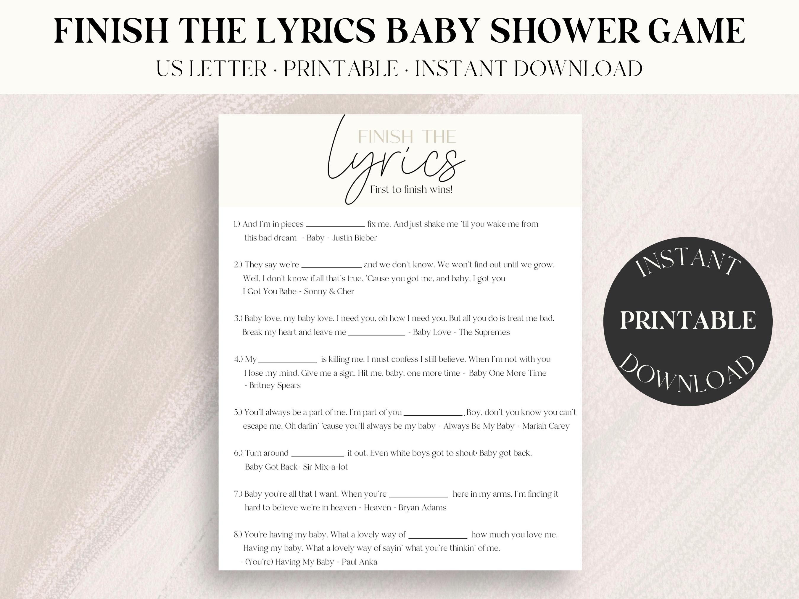 Fun Baby Shower Game Printable PDF, Finish the Lyrics Minimalist Modern ...