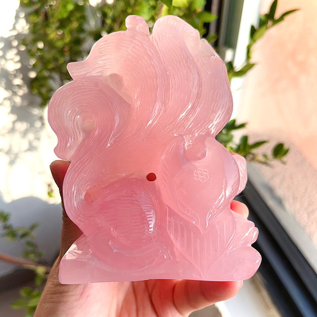 Large Pink Rose Quartz Fox Carving, Jewelrylous Pink Crystal Nine ...