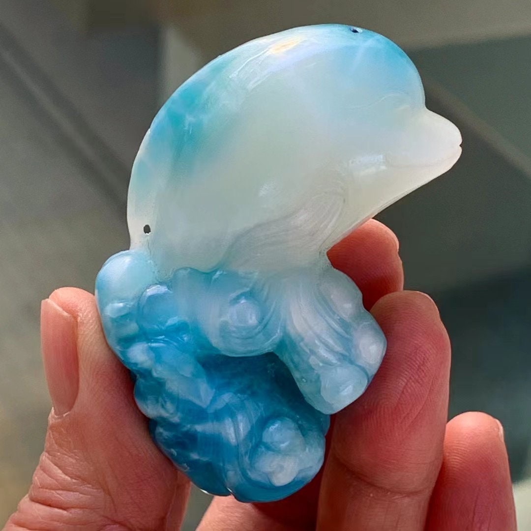 Rare Transparent Larimar Dolphin Carving, Jewelrylous Blue Pectolite ...