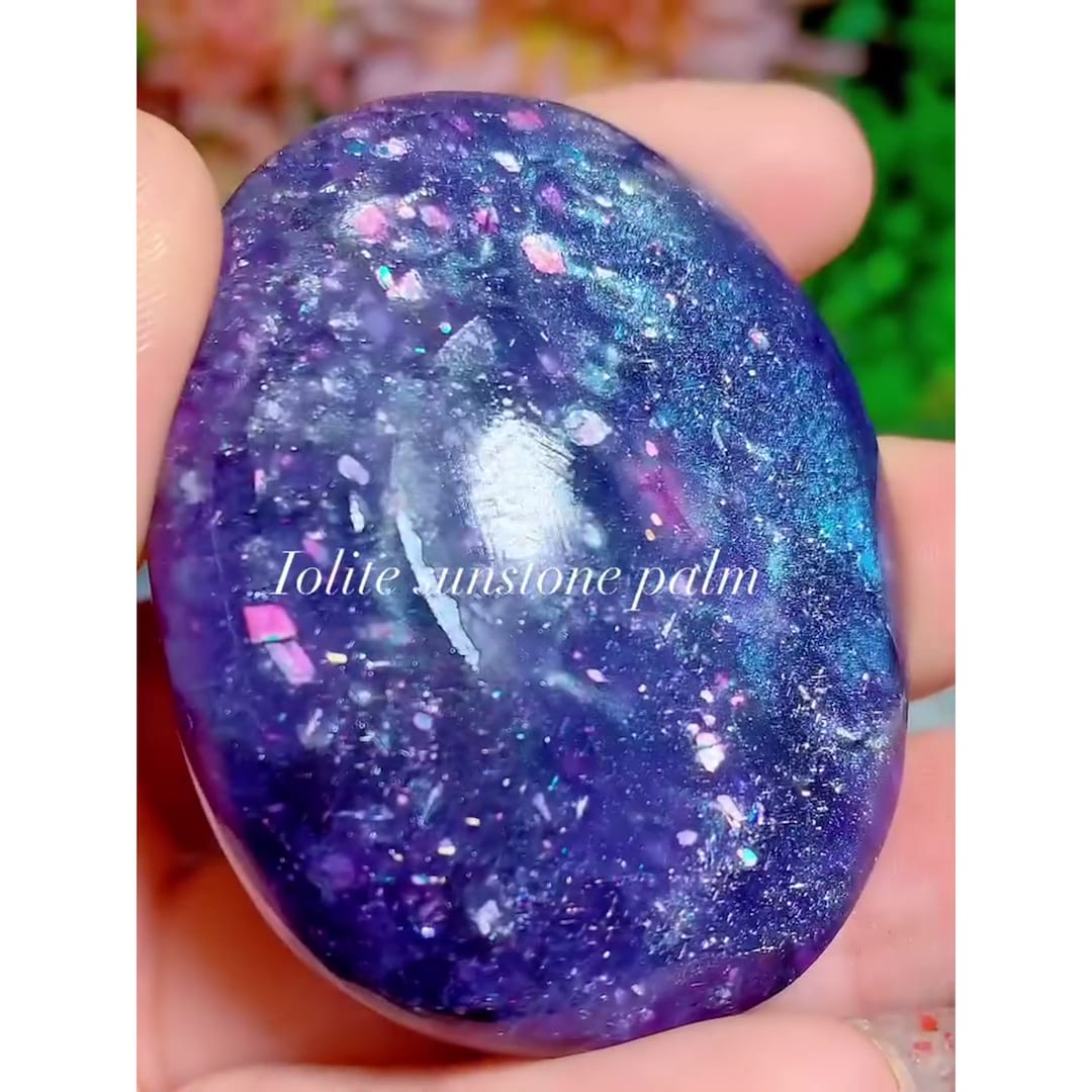 Glittering Rainbow Lattice Iolite Palm Stone, Jewelrylous Rare Purple ...