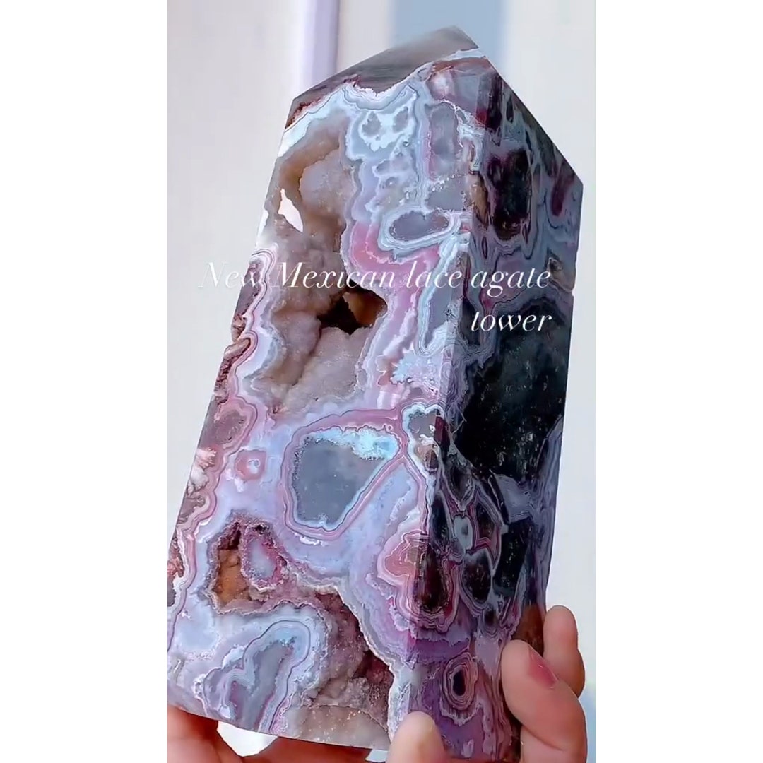 Large Druzy Mexican Laguna Lace Agate Tower, Jewelrylous Pink Mexican ...