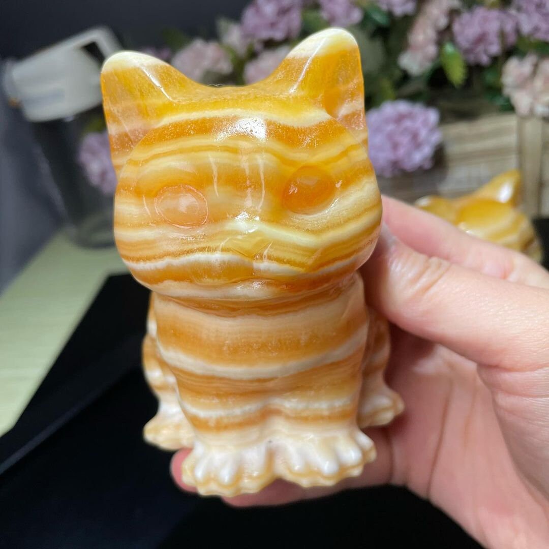 Kawaii Banded Orange Calcite Cat Carving Jewelrylous Yellow - Etsy