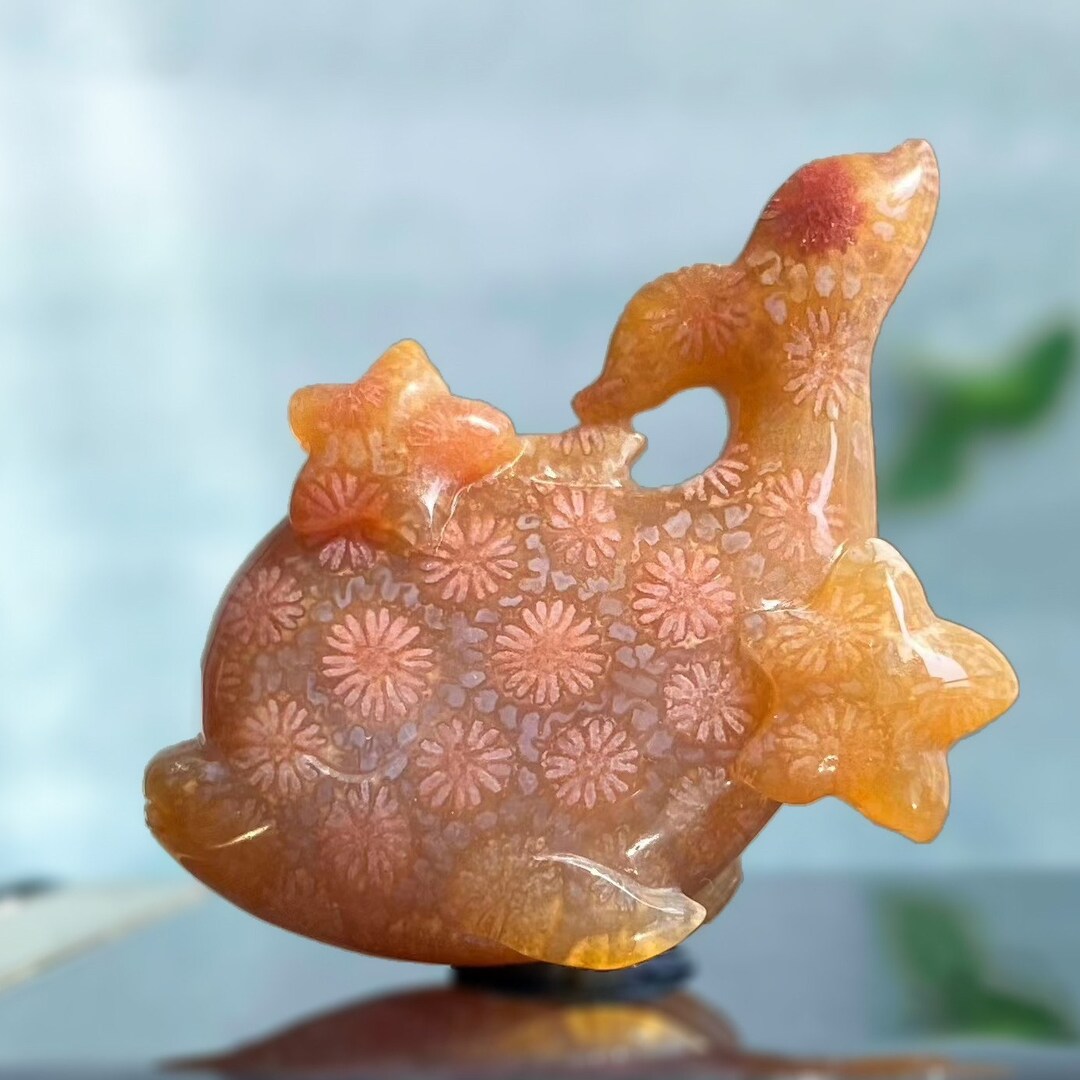 Extra Rare Rose Coral Jade Dolphin Carvings, Jewelrylous Pink Fossil ...
