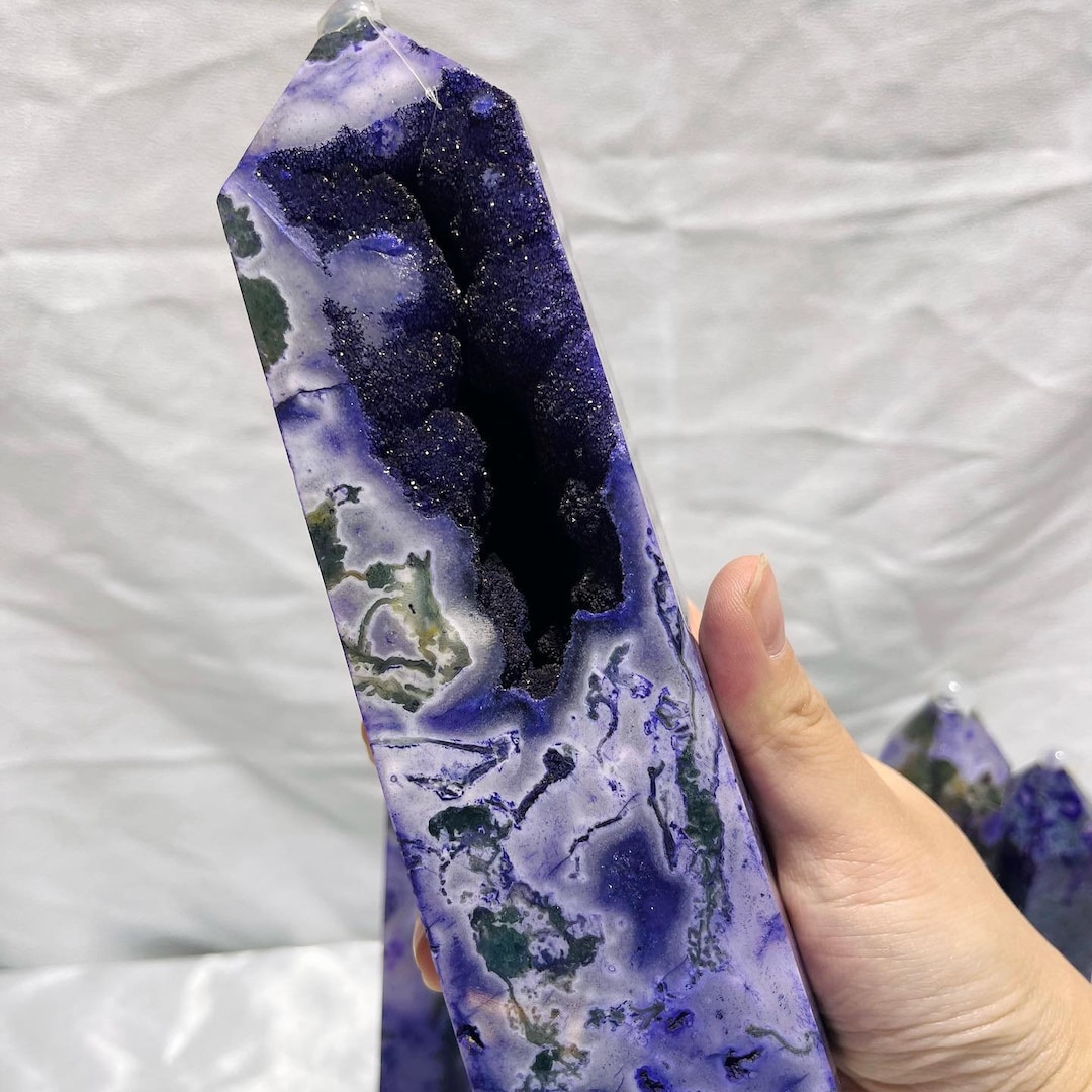 Sparkly Druzy Purple Moss Agate Tower, Jewelrylous Large Purple Moss Agate Crystal Point ...