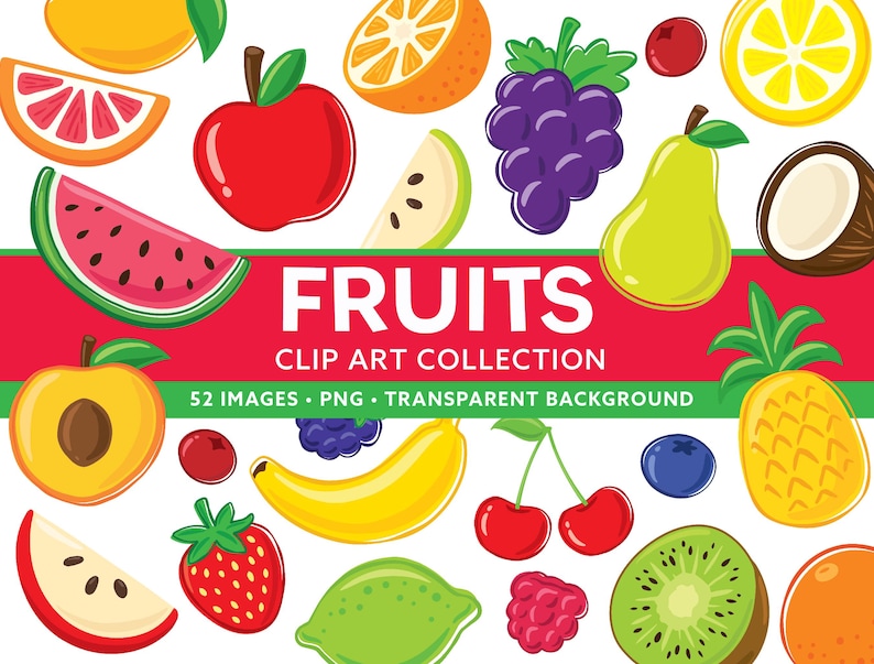 Fruit Clipart Set - Cute Fruit PNG - Summer Fruits Clipart - Fruit ...