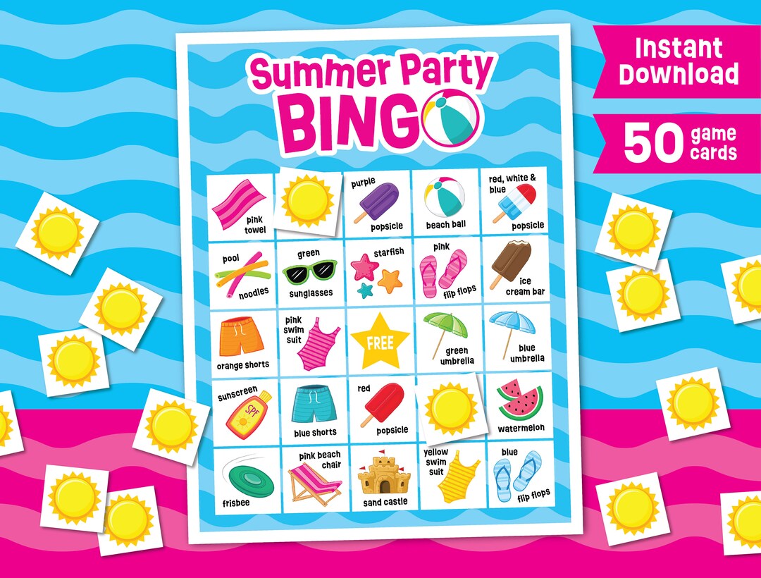 Summer Party Bingo Game Printable - Beach Party Bingo Game - Pool Party ...