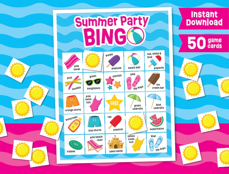 Summer Party Bingo Game Printable - Beach Party Bingo Game - Pool Party ...