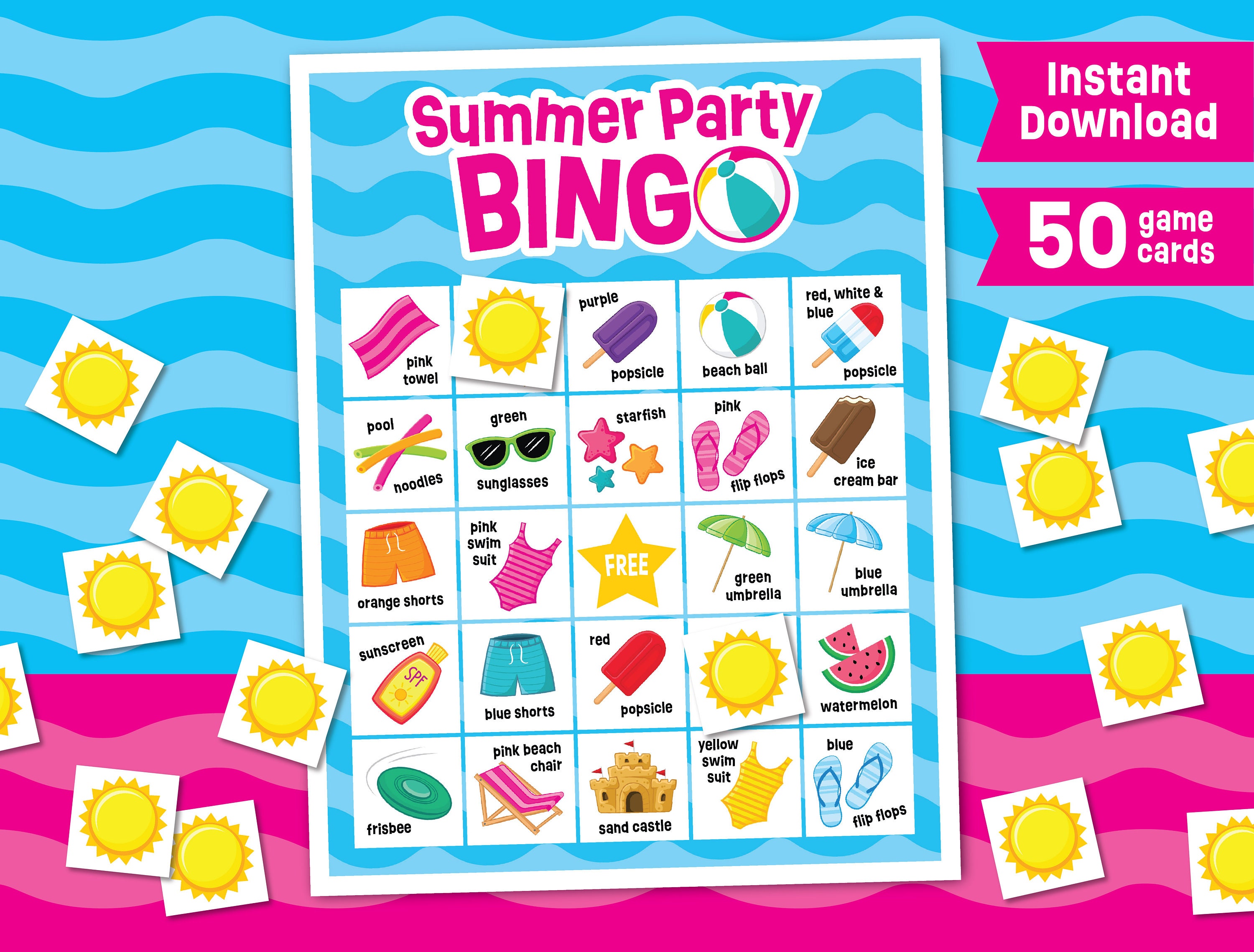 Summer Party Bingo Game Printable - Beach Party Bingo Game - Pool Party ...