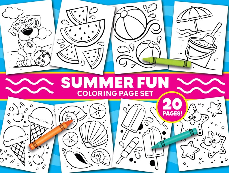 Summer Fun Coloring Page Set - Instant Download - Pool Party Activity ...
