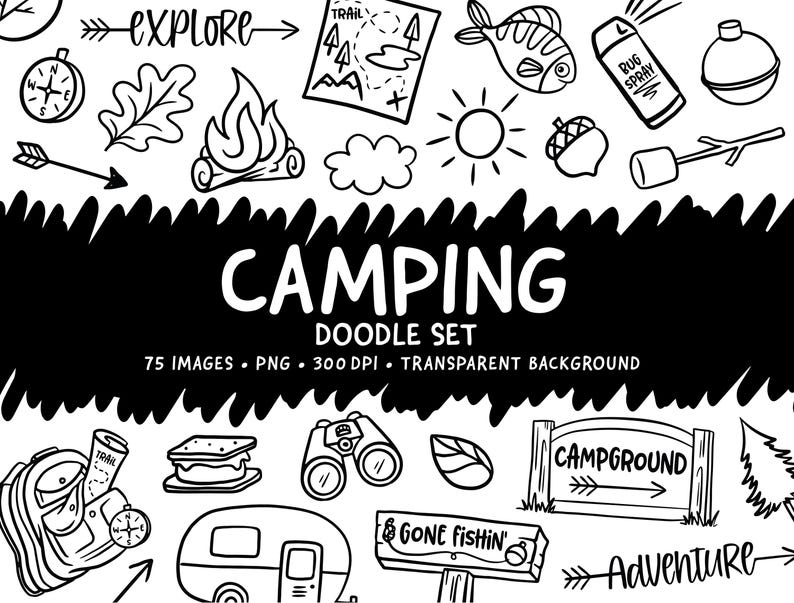 Camping Doodles Clipart Set - Cute Summer Camp Doodle Clip Art ...