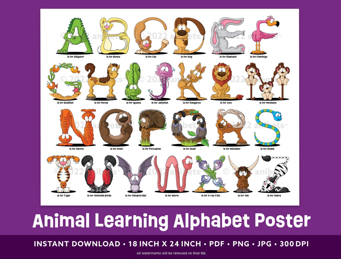 Animal Alphabet Poster 18x24 Animal Alphabet ABC Wall Art Animal Letter ...