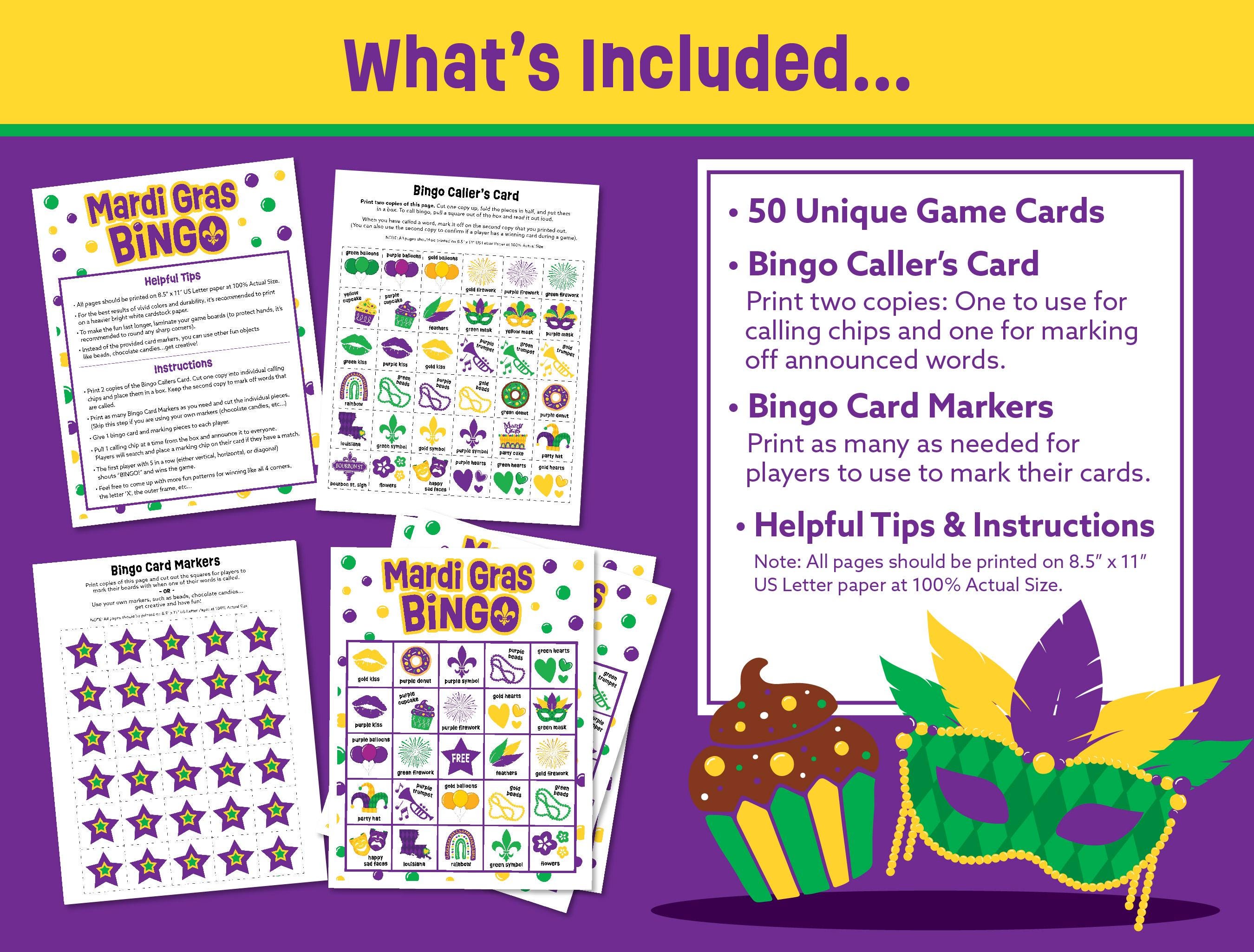 Mardi Gras Bingo Game Printable - Fat Tuesday Party Games - Instant ...