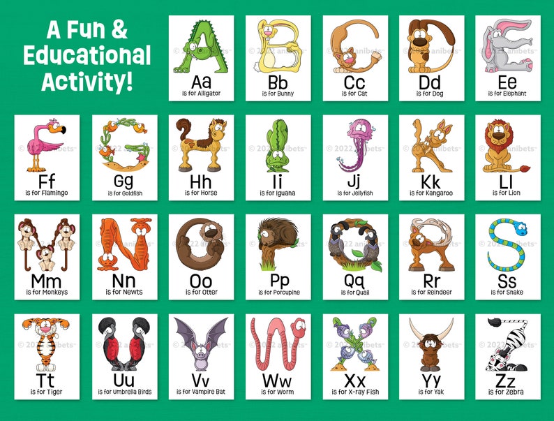 Animal Alphabet Flashcard & Coloring Page Activity Bundle - Printable ...