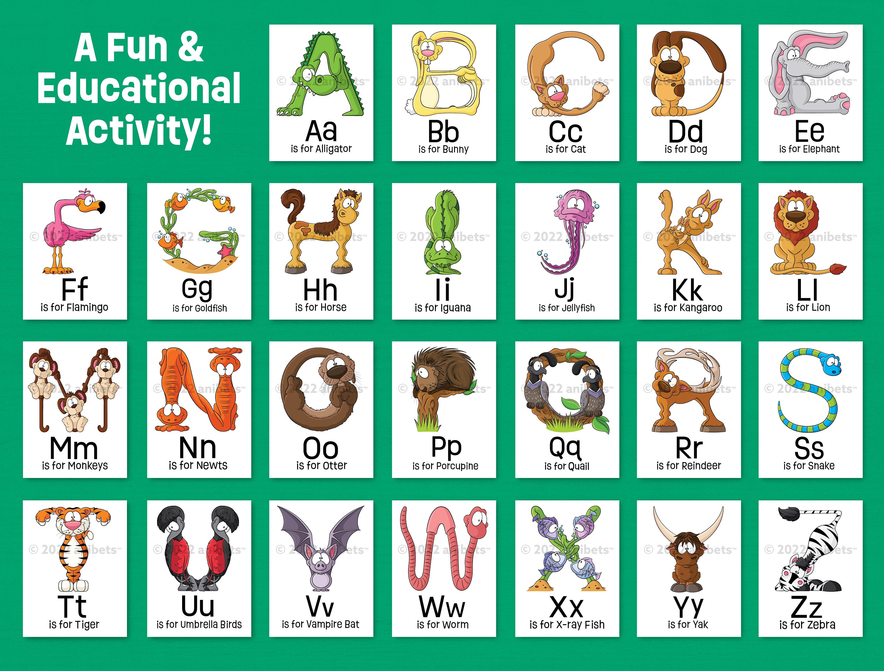 Animal Alphabet Flashcard & Coloring Page Activity Bundle Printable ABC ...