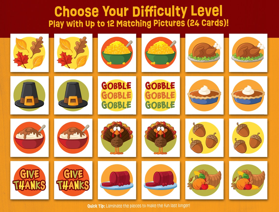 Thanksgiving Memory Match Game - Instant Download - Fun Activity ...