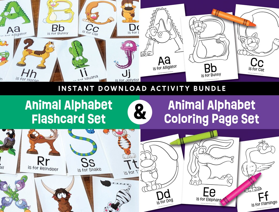 Animal Alphabet Flashcard & Coloring Page Activity Bundle - Printable ...
