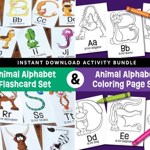 Animal Alphabet Flashcard & Coloring Page Activity Bundle - Printable ...