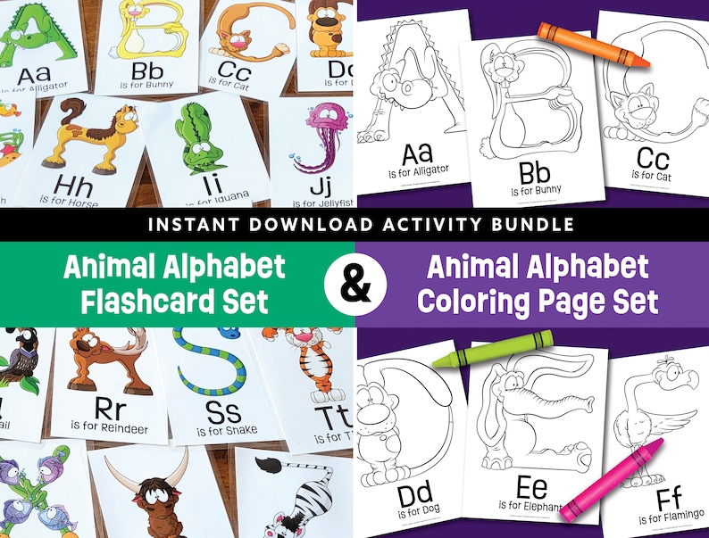 Animal Alphabet Flashcard & Coloring Page Activity Bundle Printable ABC ...