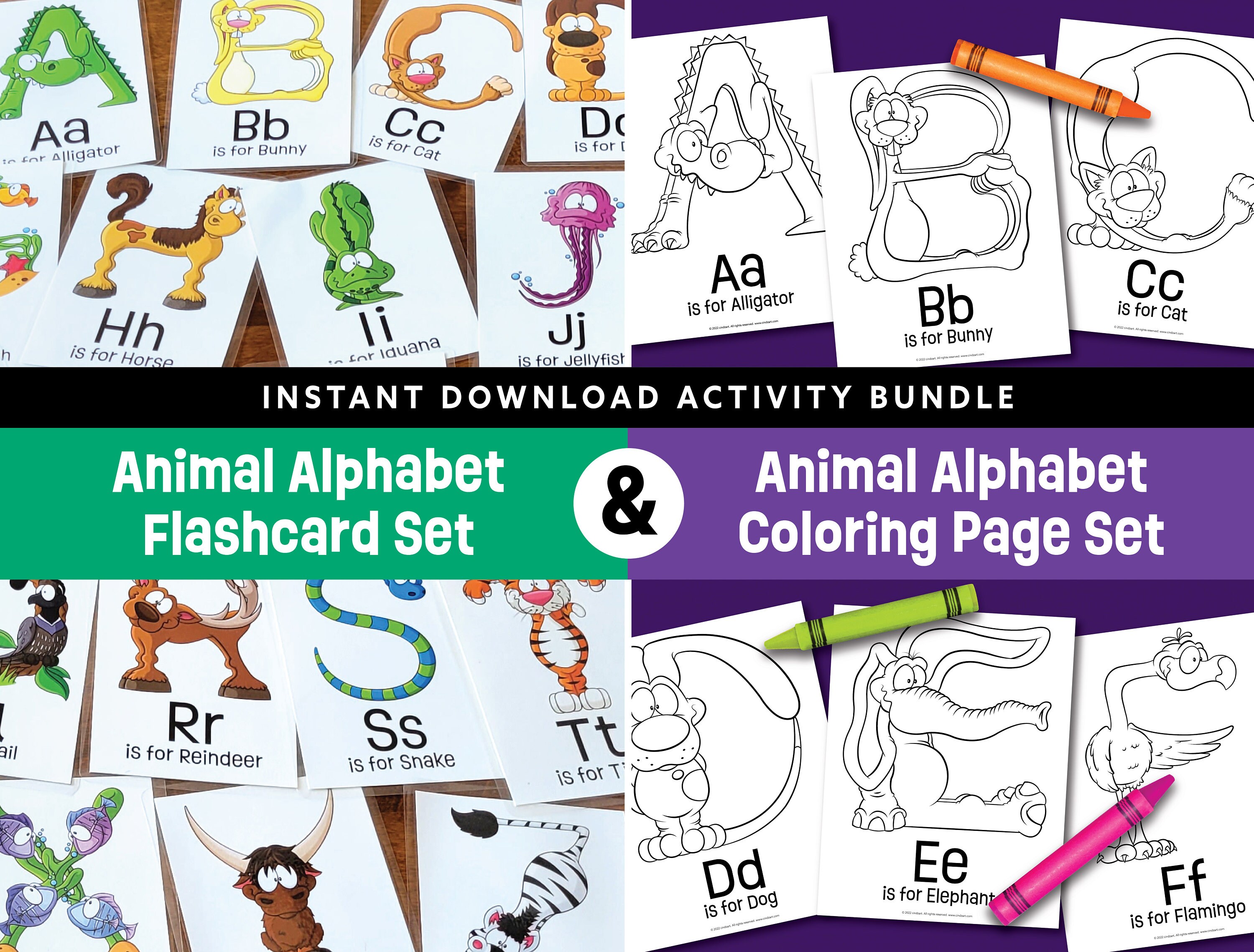 Animal Alphabet Flashcard & Coloring Page Activity Bundle Printable ABC ...