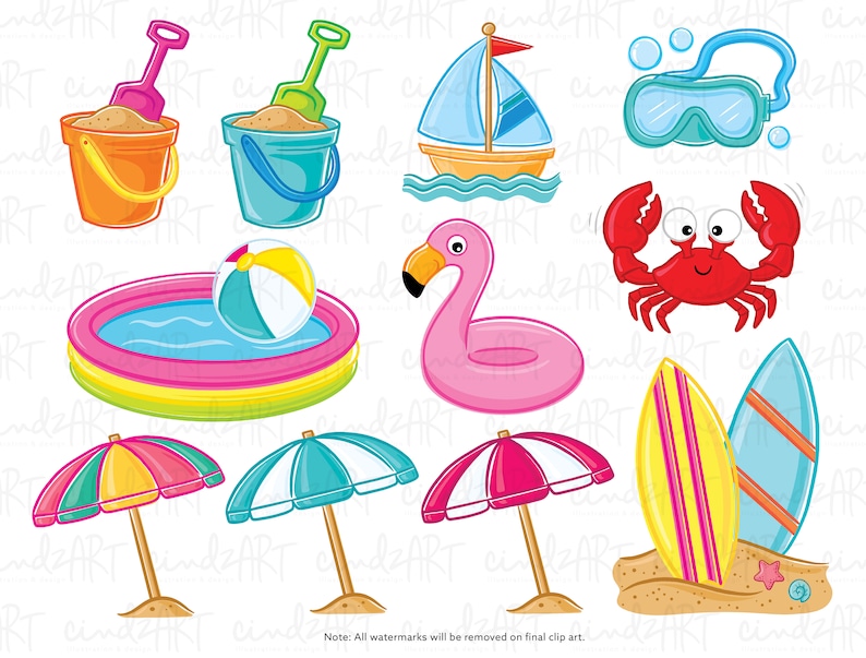 Summer Beach Clipart - Pool Party Clip Art - Beach Party Clipart - Cute ...
