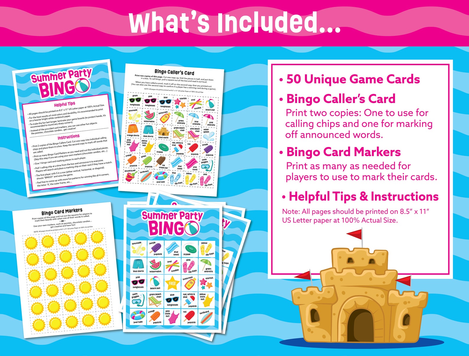 Summer Party Bingo Game Printable - Beach Party Bingo Game - Pool Party ...