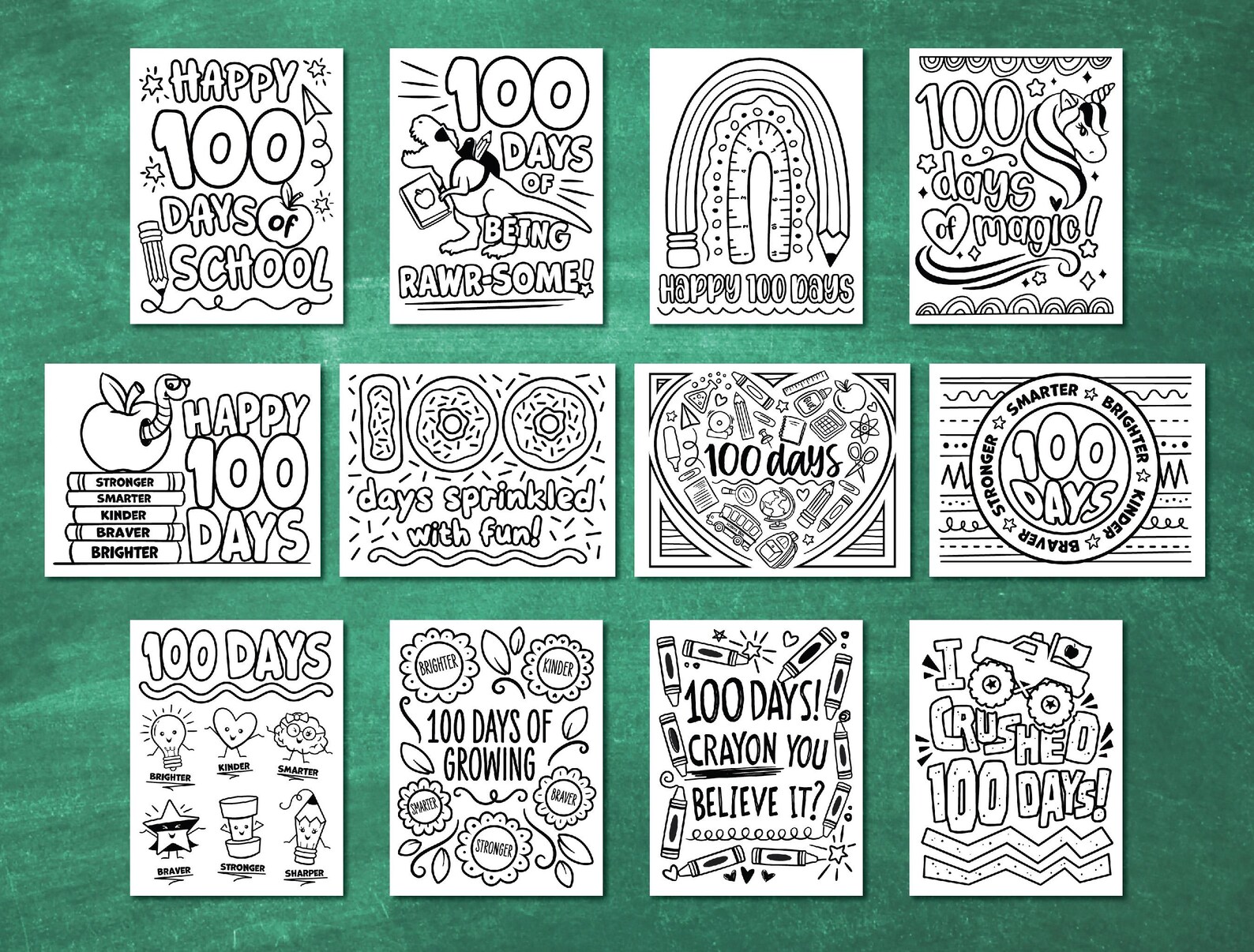 100 Days of School Coloring Page Set - Instant Download - 100 Days ...
