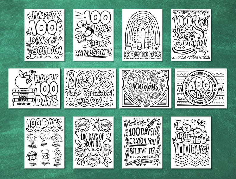 100 Days of School Coloring Page Set - Instant Download - 100 Days ...